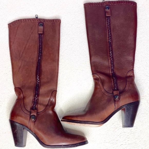 Trask | Shoes | Trask Brown Leather Heeled Boots With Braiding Inside ...